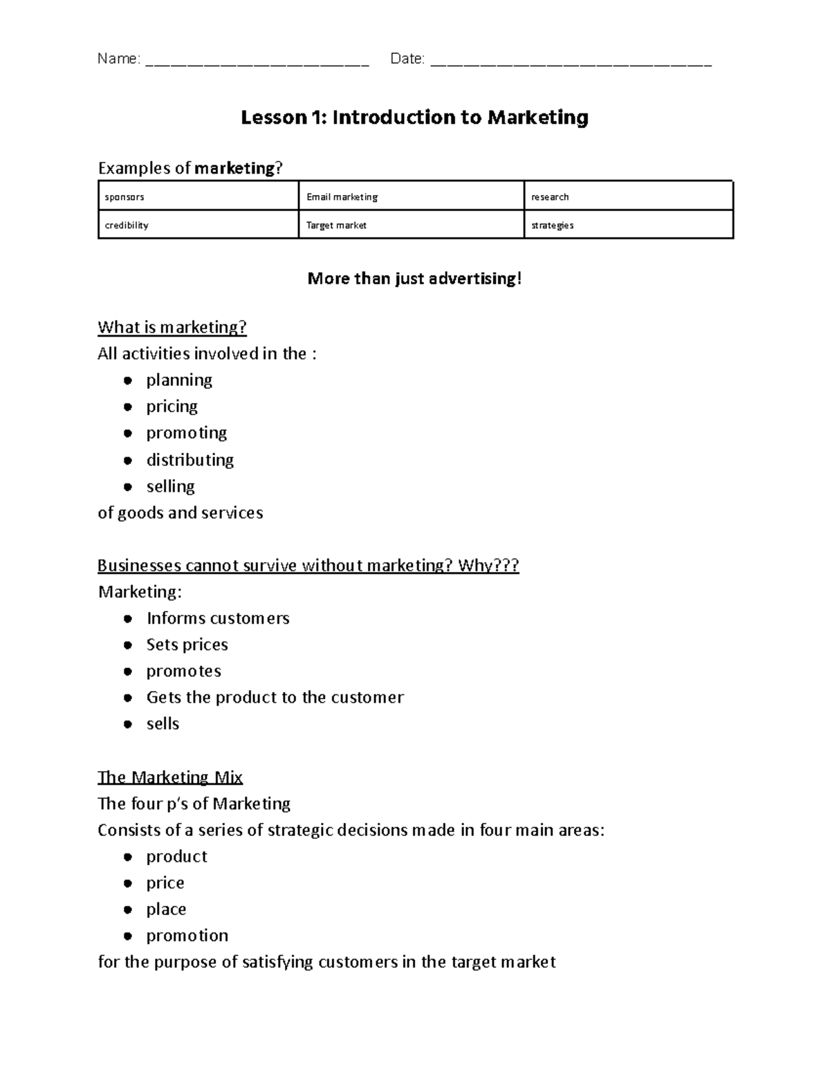 01B Intro to Marketing Notes - Name: ___________________________ Date ...