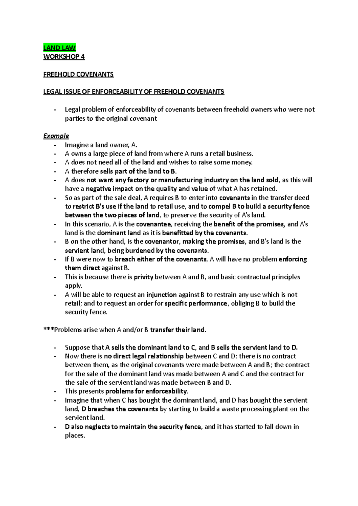 Legal Issue OF Enforceability OF Freehold Covenants - LAND LAW WORKSHOP ...