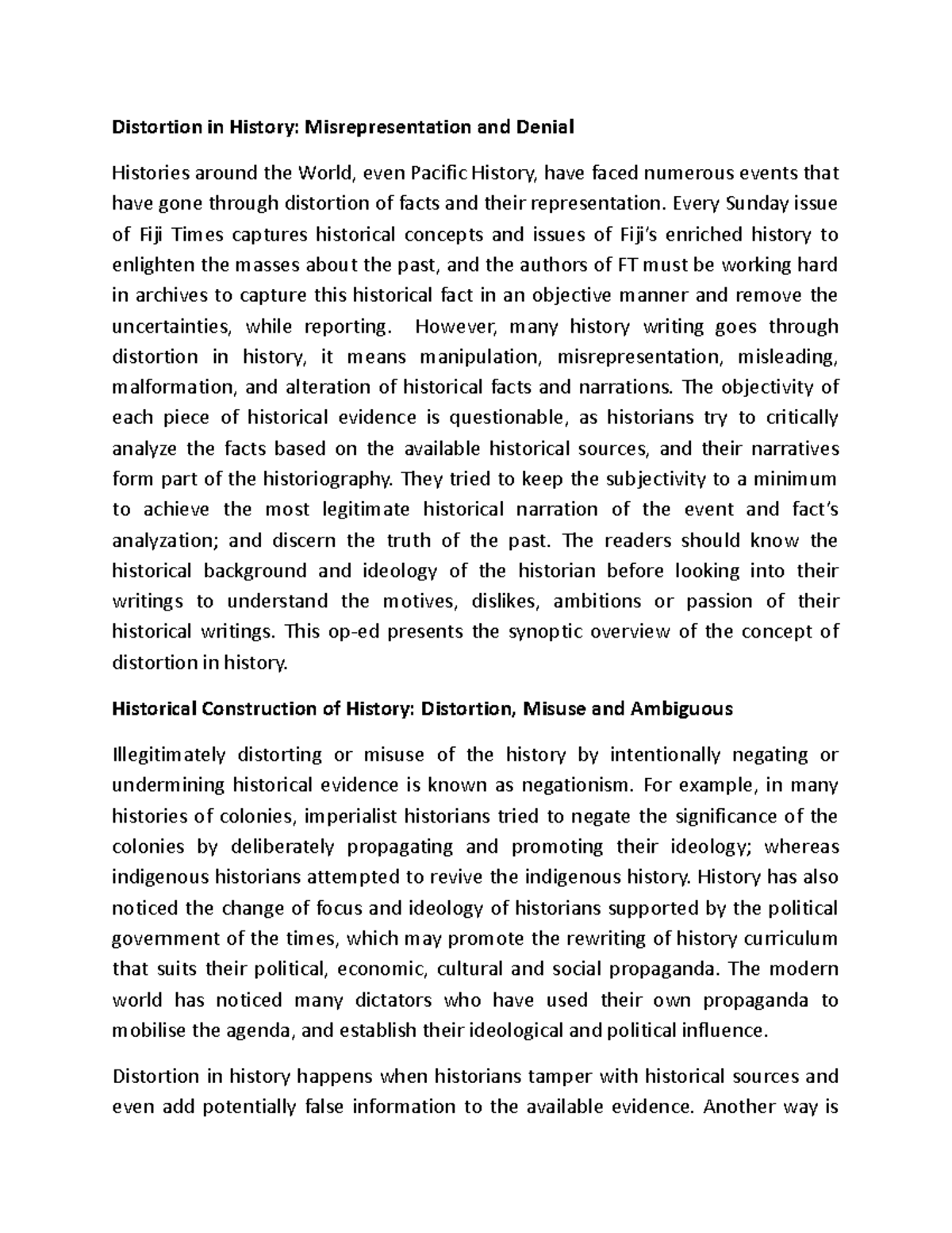 Distortion in History - Every Sunday issue of Fiji Times captures ...