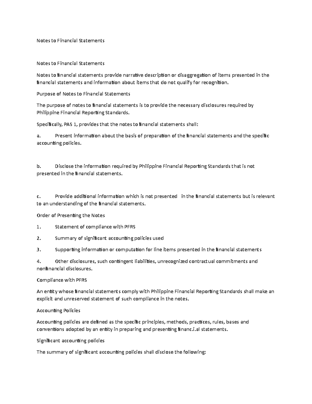 Notes to Financial Statements Lecture Notes - Notes to Financial ...