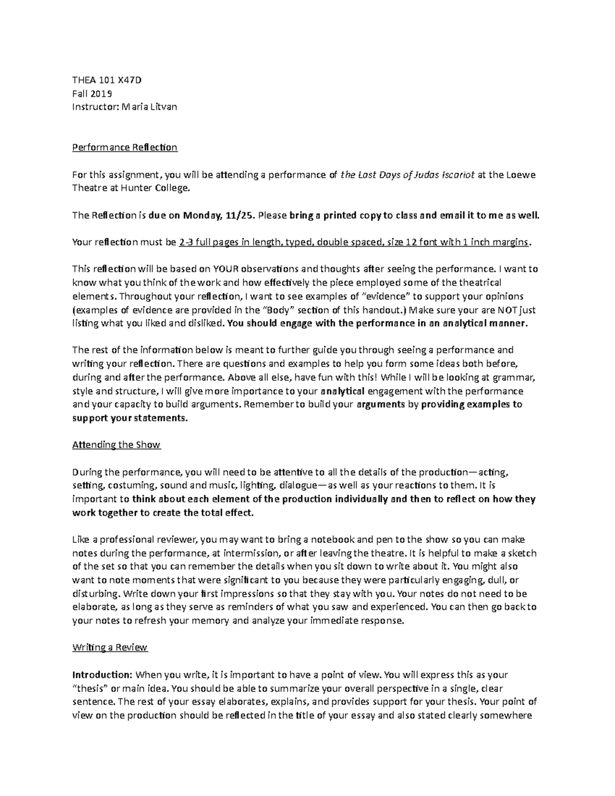 Performance Reflection guidelines - THEA 101 X47D Fall 2019 Instructor ...