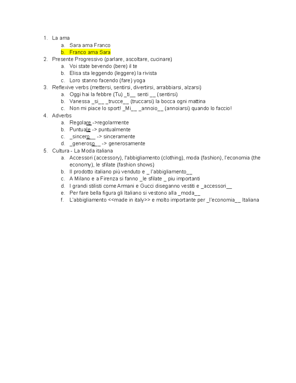 Italian Notes - La ama a. Sara ama Franco b. Franco ama Sara Presente ...