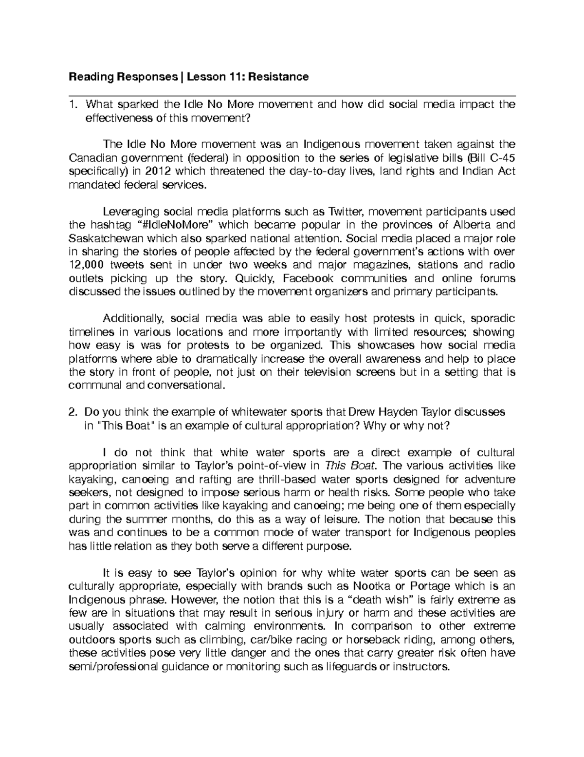 Reading Response - Unit 11 - Reading Responses | Lesson 11: Resistance ...