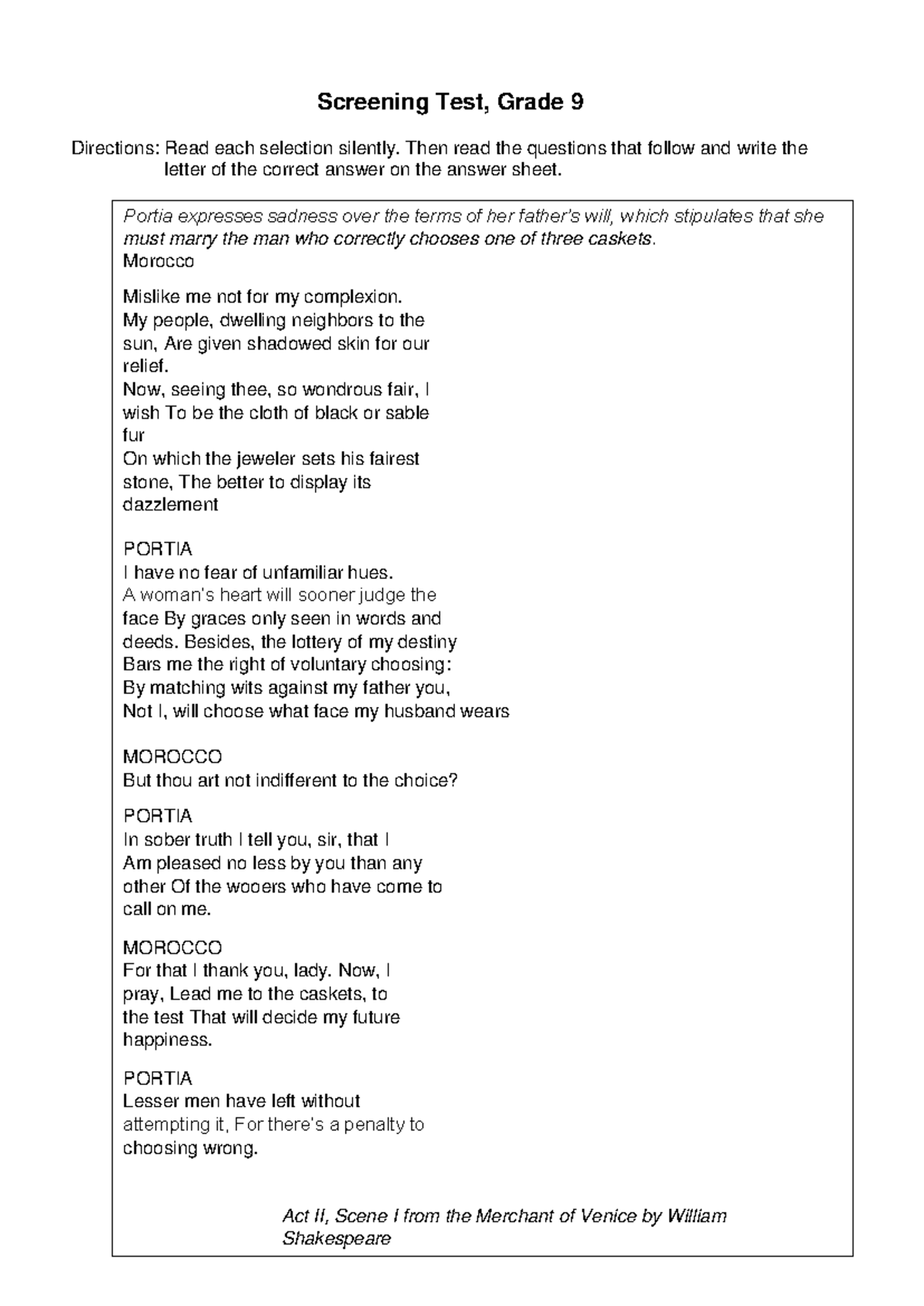 Grade-9 questionnaire - Screening Test, Grade 9 Directions: Read each ...