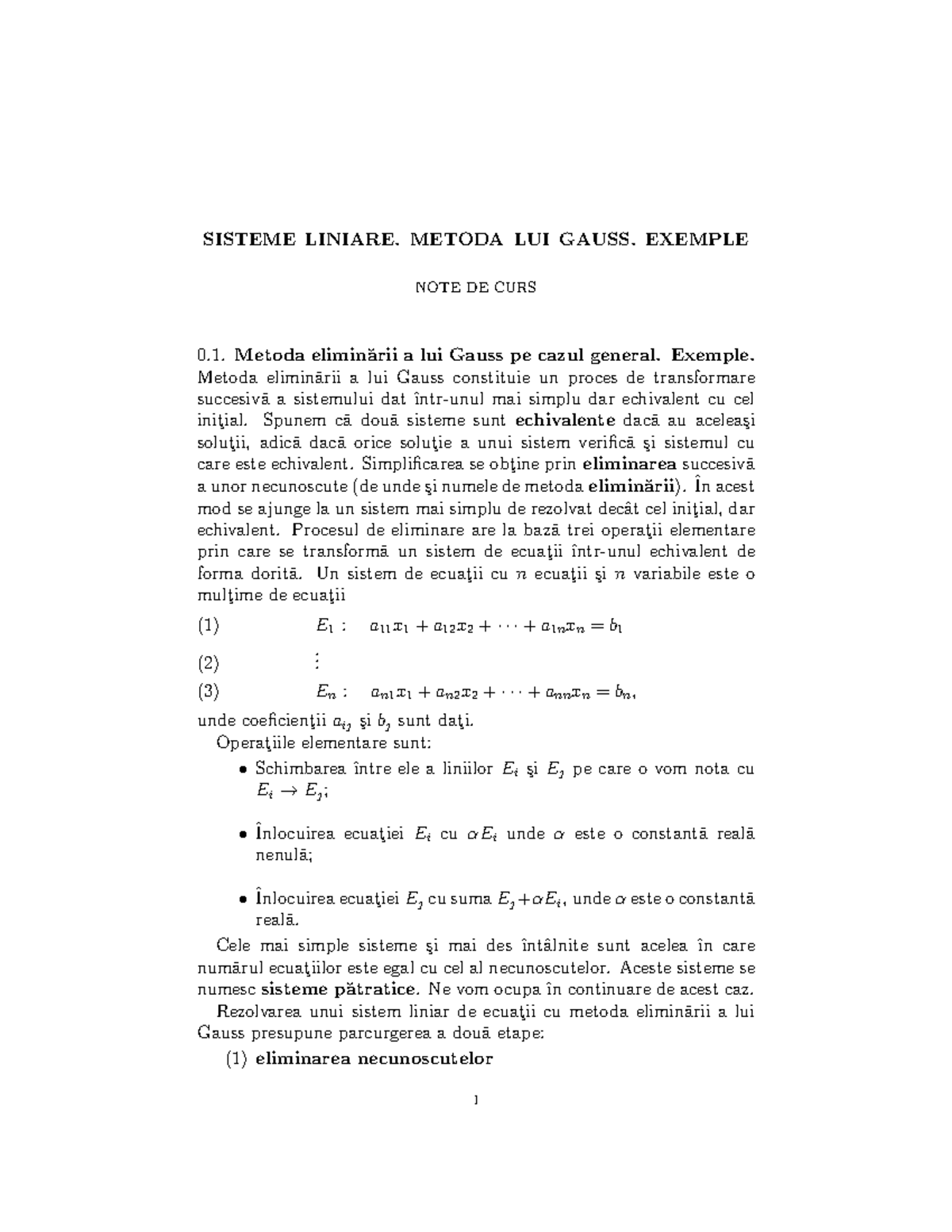 Metoda lui Gauss - SISTEME LINIARE. METODA LUI GAUSS. EXEMPLE NOTE DE ...