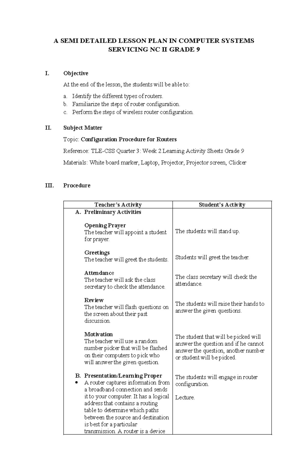DLP 1-1 Router Config (sdlp) - A SEMI DETAILED LESSON PLAN IN COMPUTER SYSTEMS SERVICING NC II ...