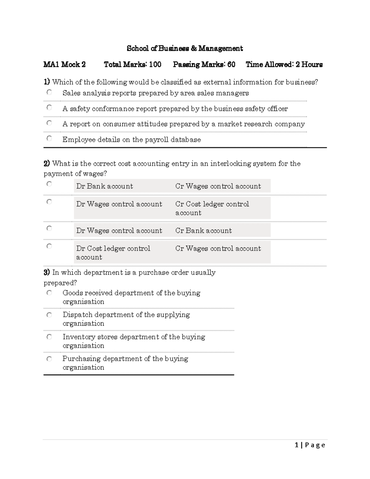 MA1 MOCK 2 - Management accounting - School of Business & Management ...
