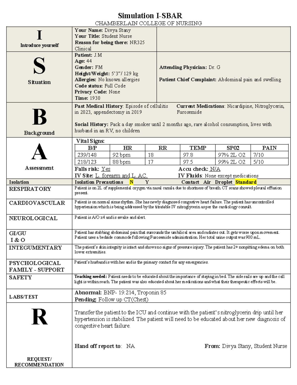 NR325 Week 4 i SBAR - Clinical doc - Simulation I-SBAR CHAMBERLAIN ...