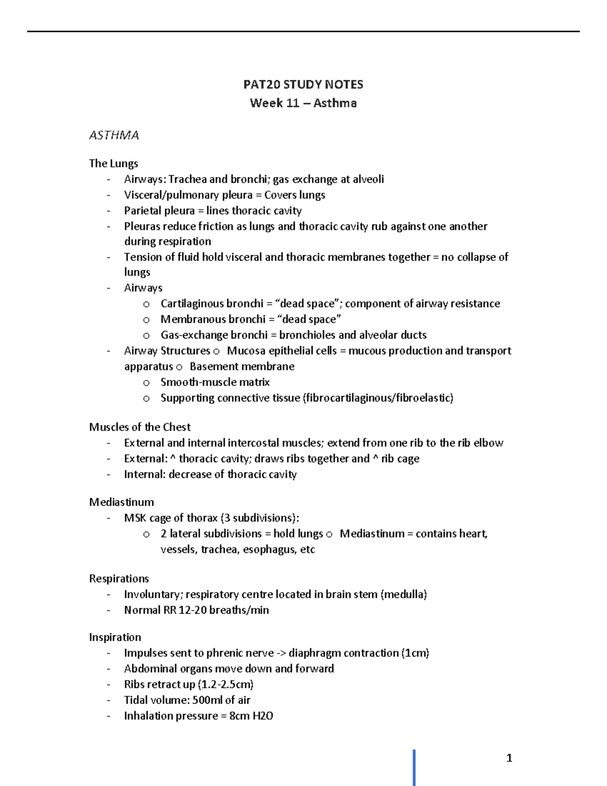 Asthma Study Notes - PAT20 STUDY NOTES Week 11 – Asthma ASTHMA The ...