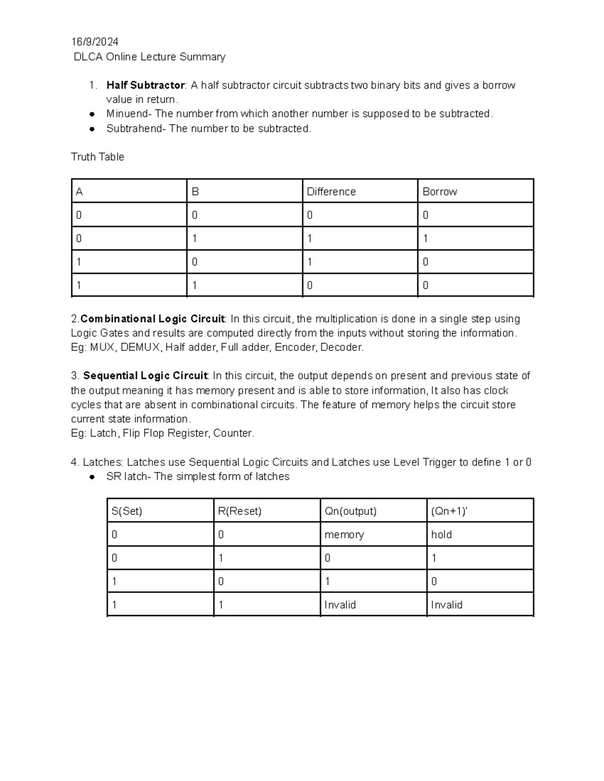 Hemangs summary of 16 09 2024 online lec of DLCA - 16/9/ DLCA Online Lecture Summary 1. Half ...