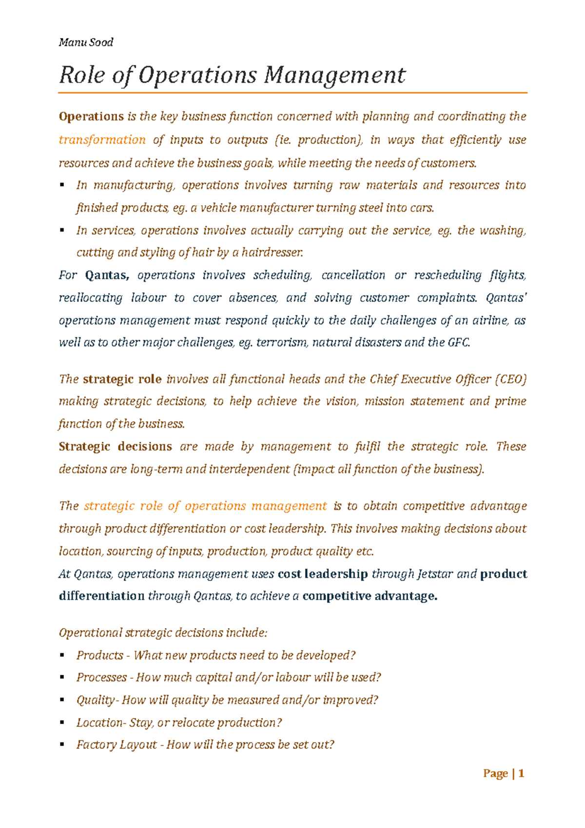 Business notes + Qantas case studies - Manu Sood Role of Operations ...