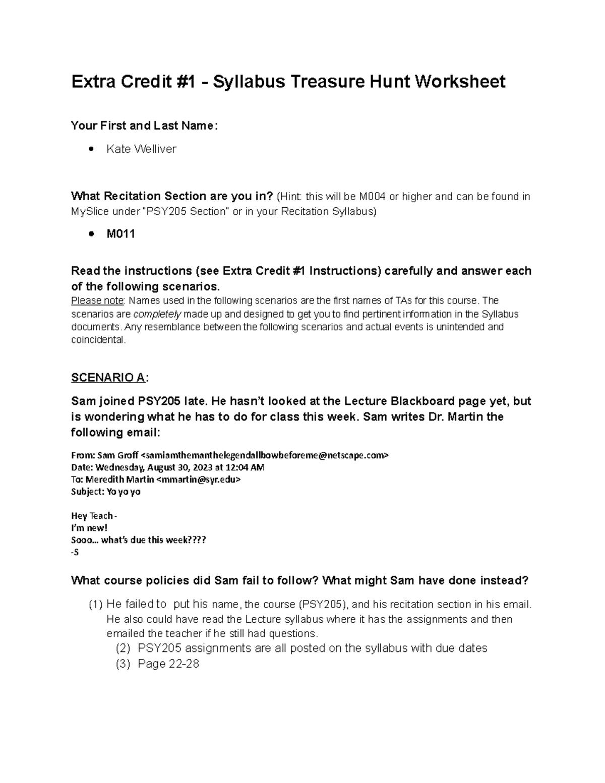 Extra Credit #1 - Extra Credit #1 - Syllabus Treasure Hunt Worksheet ...