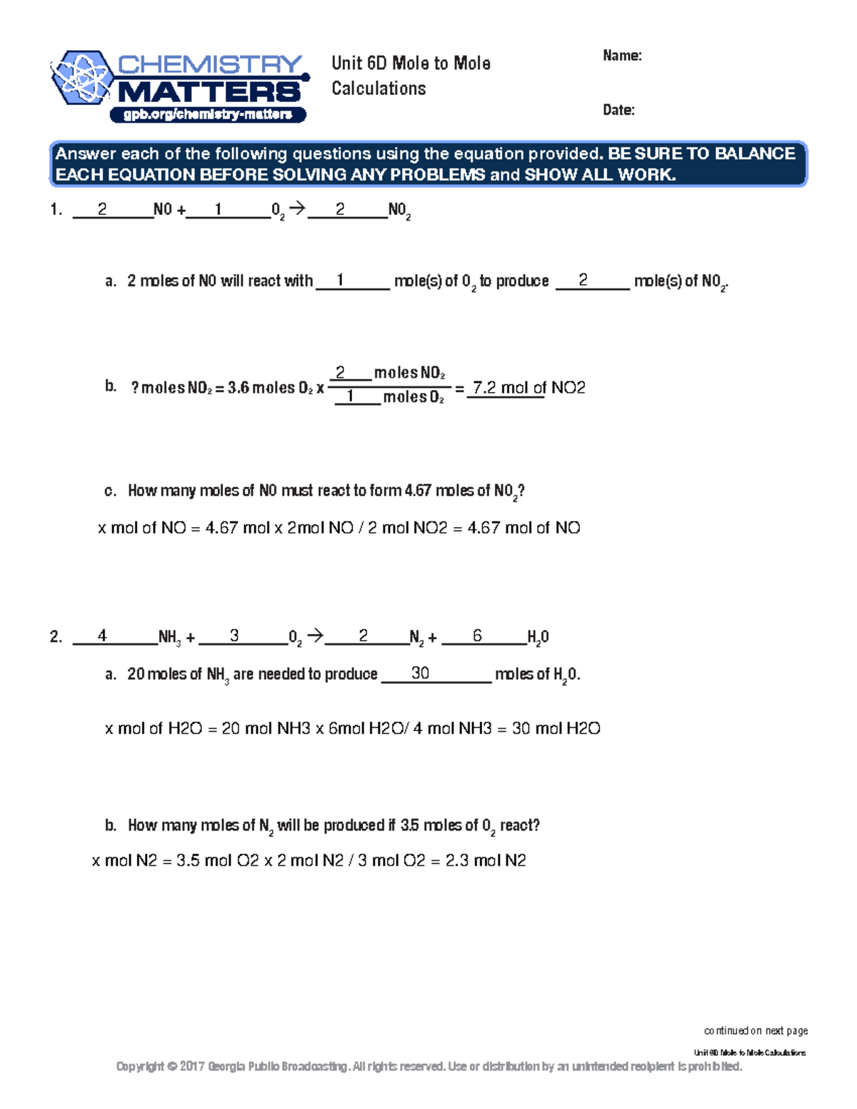 Unit 6d mole to mole calculations - Copyright © 2017 Georgia Public ...