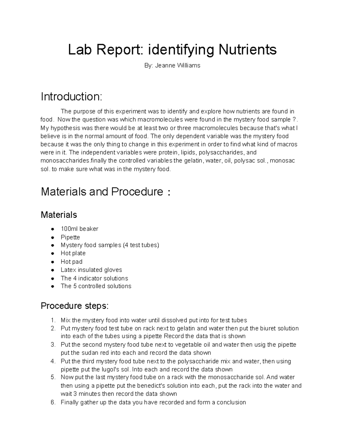 Lab Repot 3 Identifying Nutrients Lab Report Identifying Nutrients 