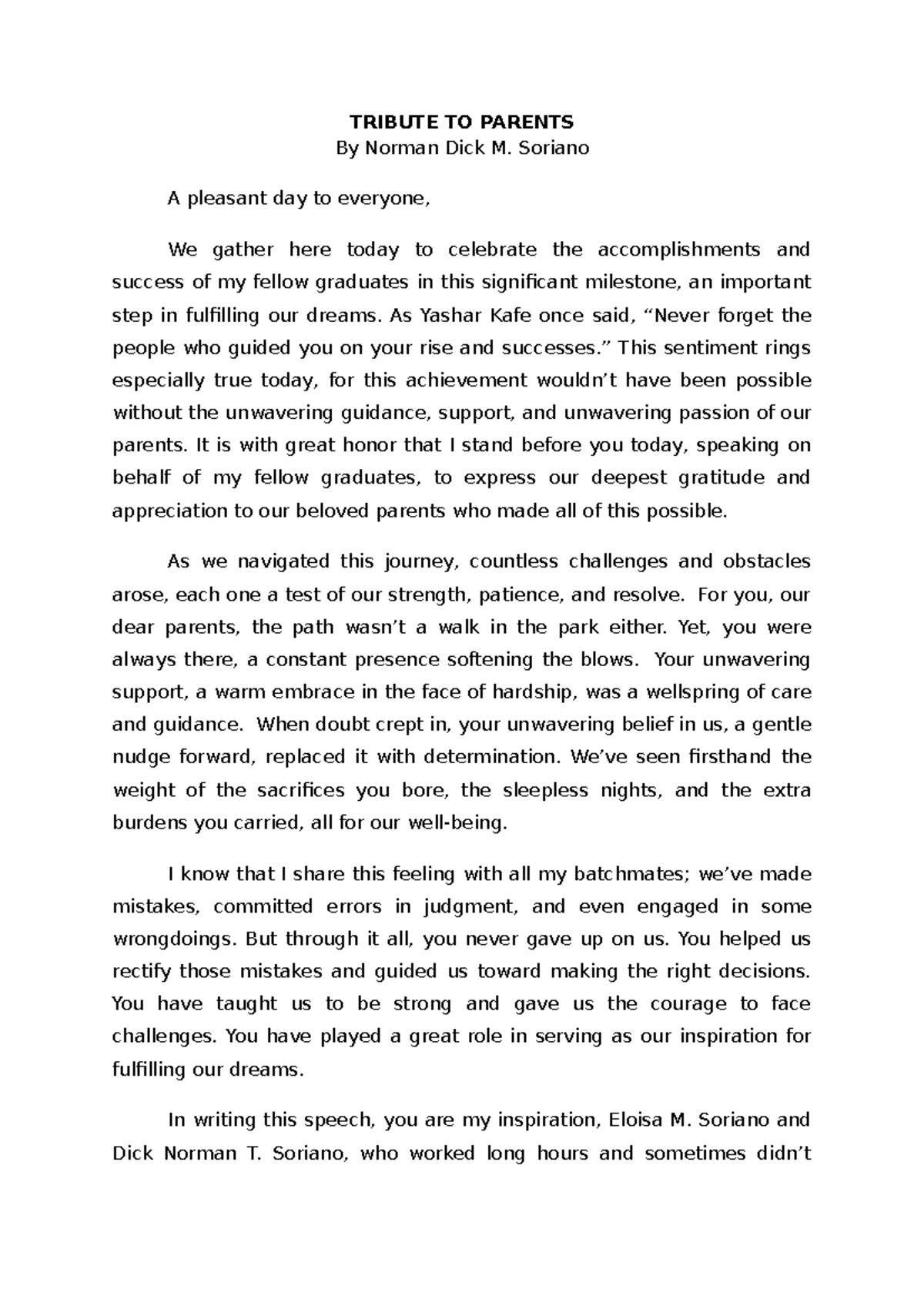 Tribute TO Parents - TRIBUTE TO PARENTS By Norman Dick M. Soriano A ...