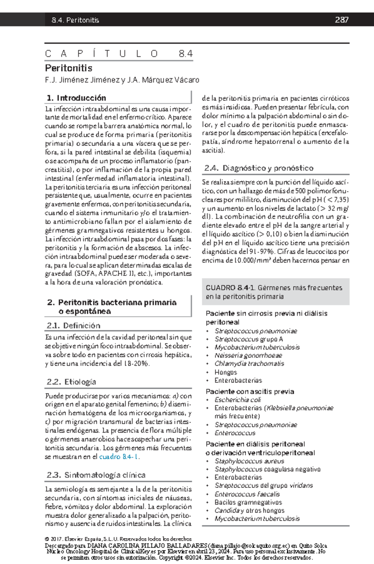 Peritonitis primaria - oncologia - 8. Peritonitis 287 © 2017. Elsevier ...