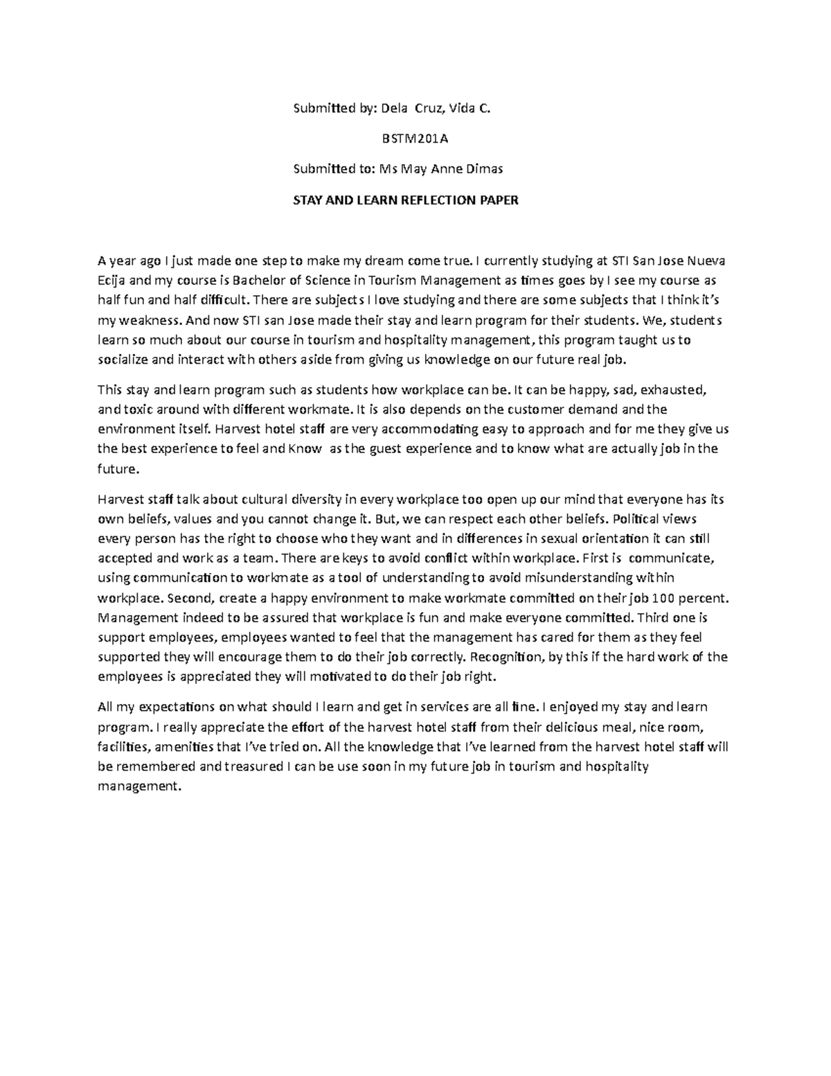 Dela Cruz Vida Reflection Paper - Submitted by: Dela Cruz, Vida C ...