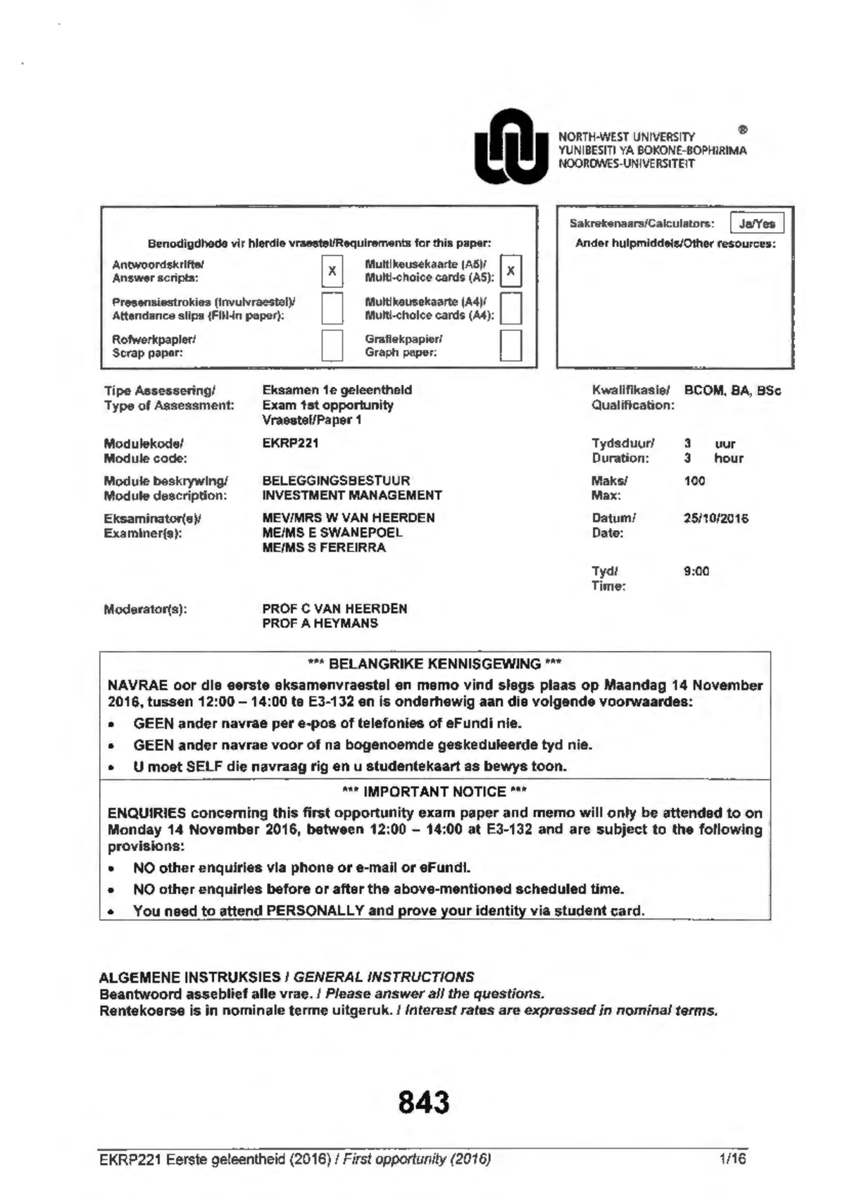 '16 1st Opportunity Exam - Benodigdhede vir hierdie vraestel ...