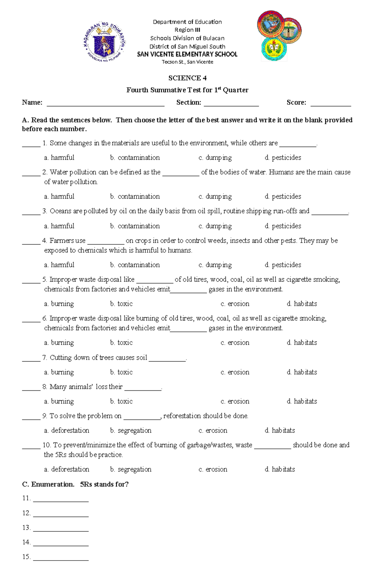 Q1 4th sum. in Sci. 4 - Summative in Science 4 - Department of ...