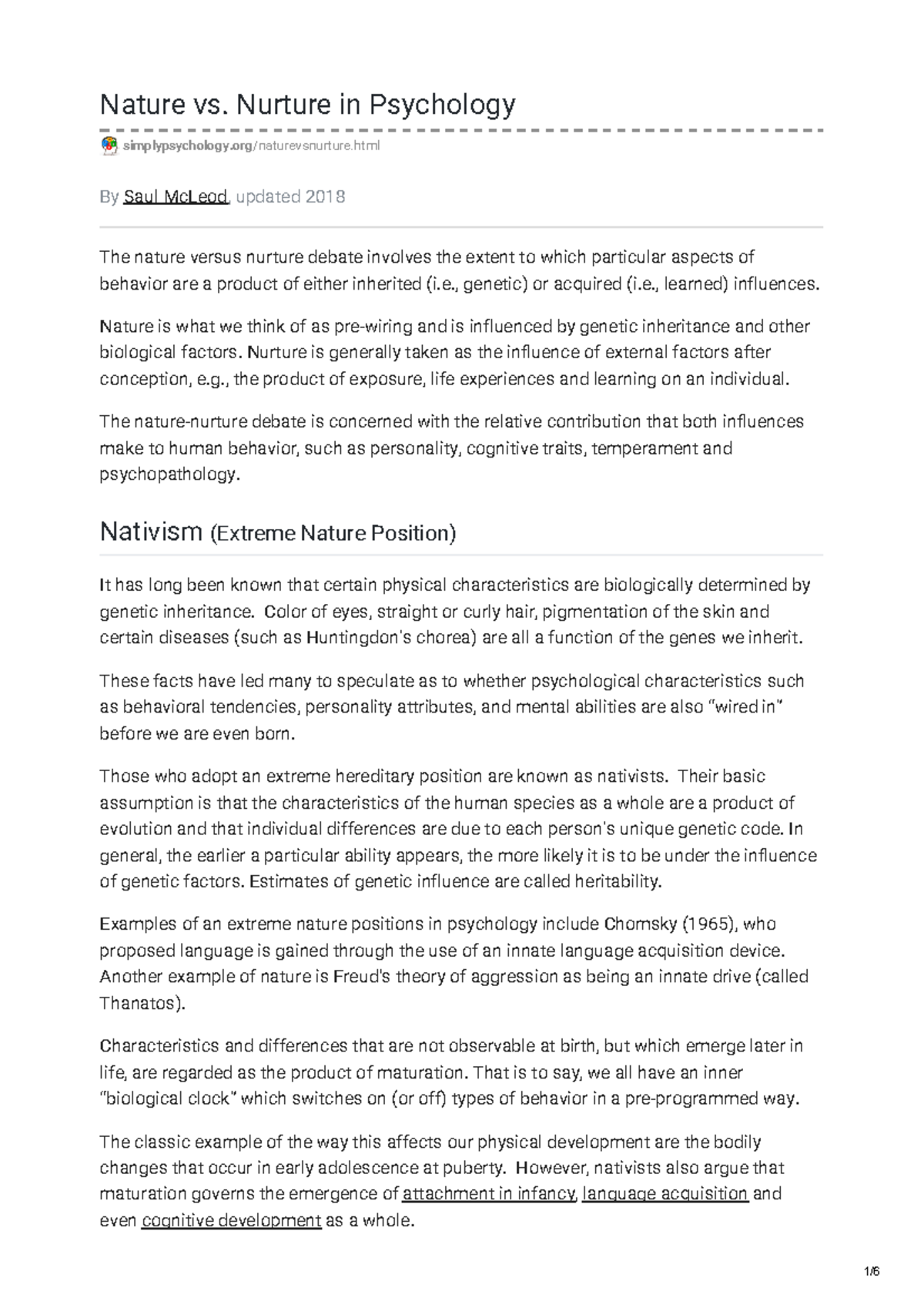 Aula 2 T - Material de Suporte - Nature vs. Nurture in Psychology - Studocu