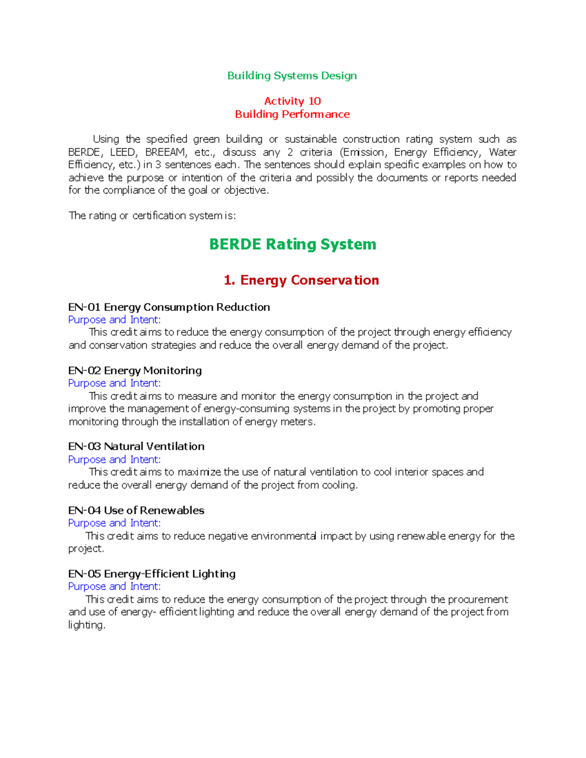 BSD Act10 Building Peformancce - Building Systems Design Activity 10 ...
