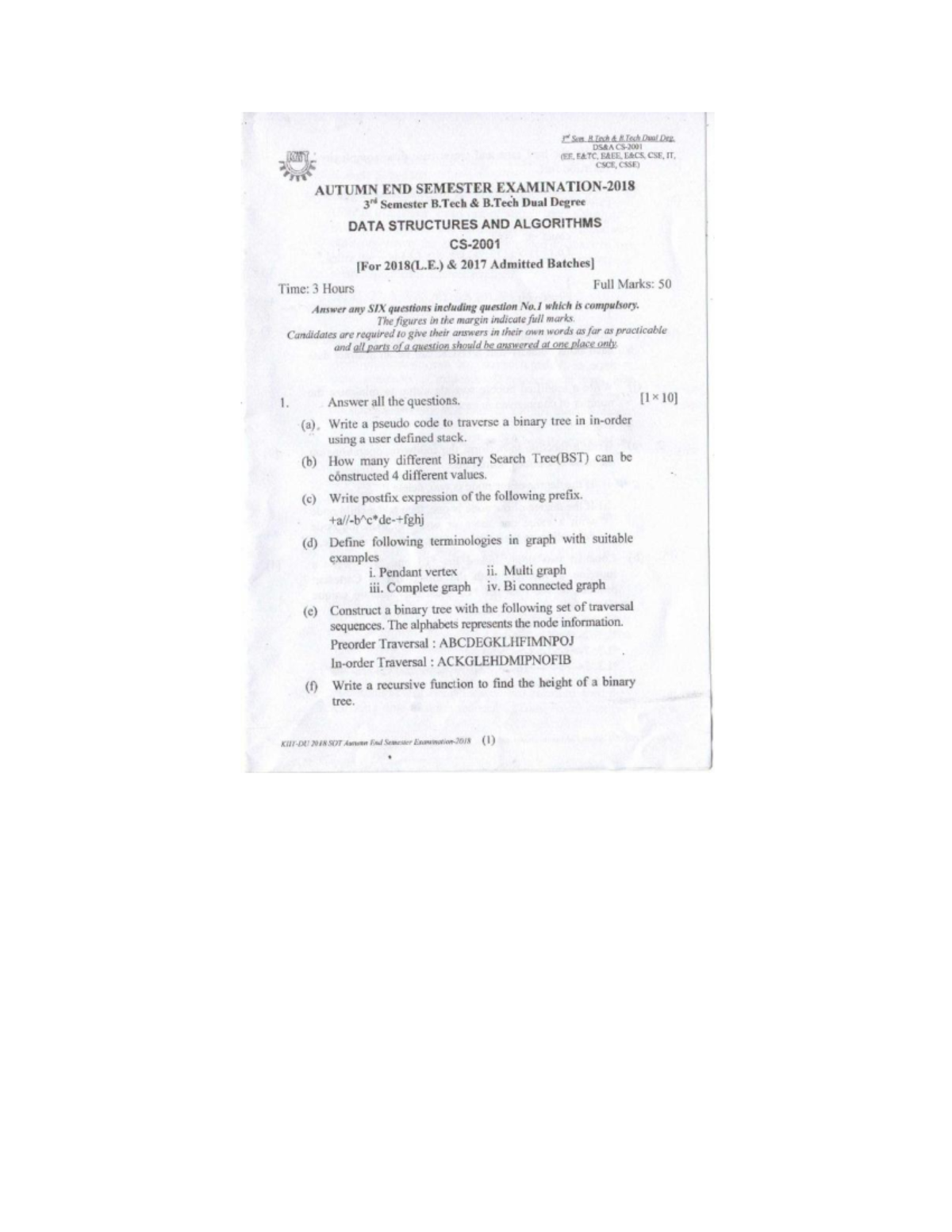2018 DSA Regular Endsem Question - 3rd Sem R. Tech B. Tech Dual Deg. (EF. CSE, IT, CSCE, CSSE ...