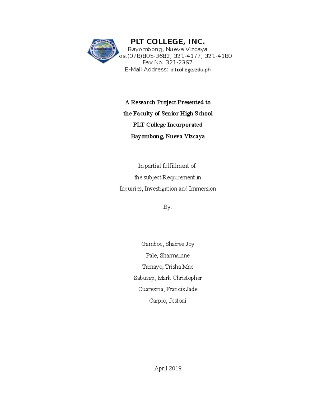 PLT College - n/a - Bayombong, Nueva VizcayaPLT COLLEGE, INC. Tel. Nos ...
