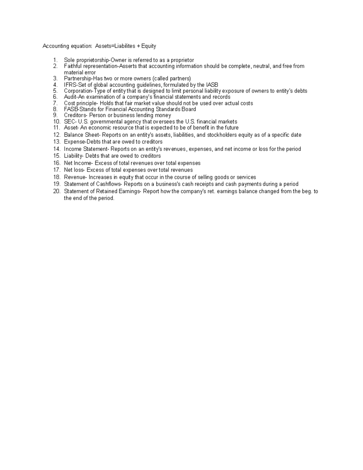 Accounting Chapter 1 Vocab - Accounting equation: Assets=Liabilites ...
