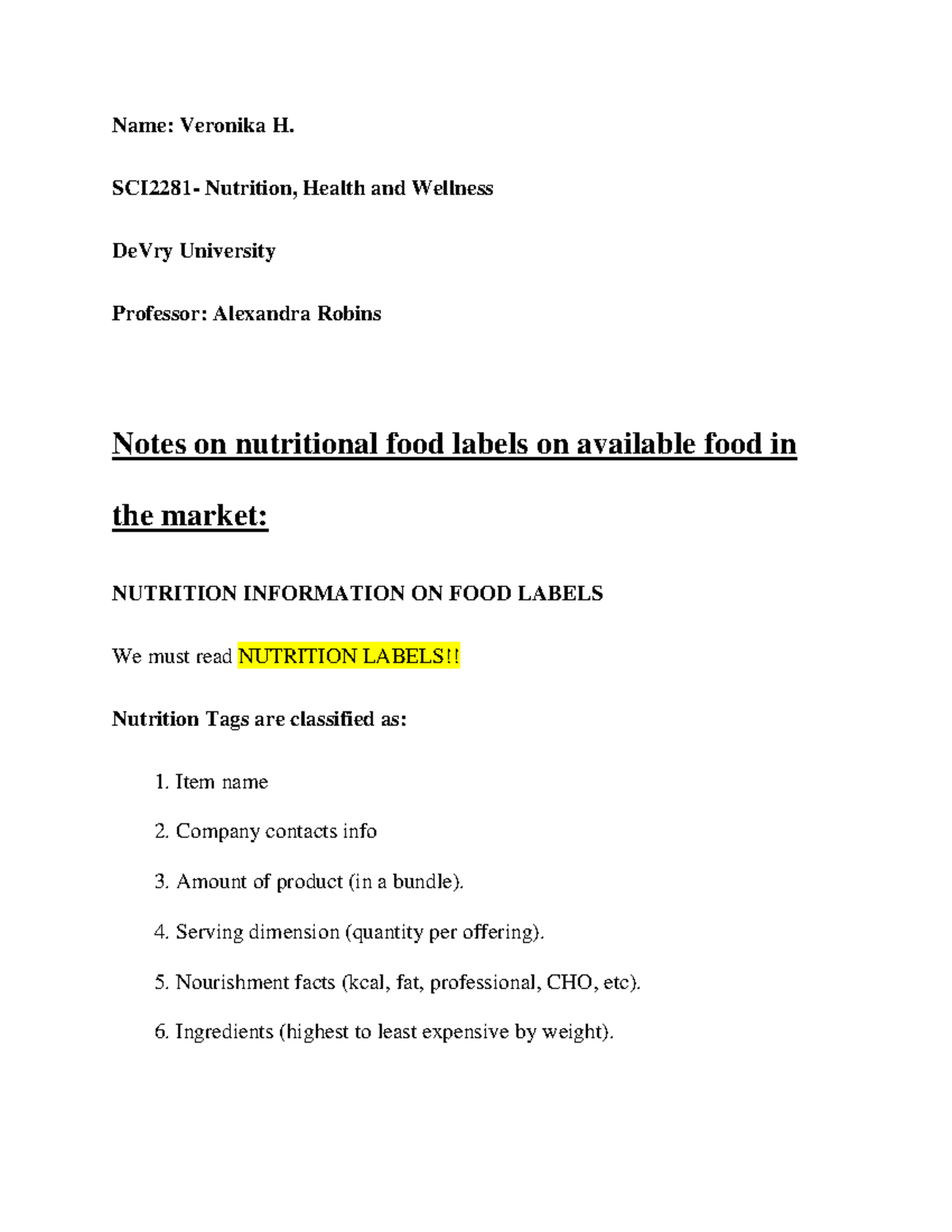 Notes on nutritional food labels on available food in the market - Name ...