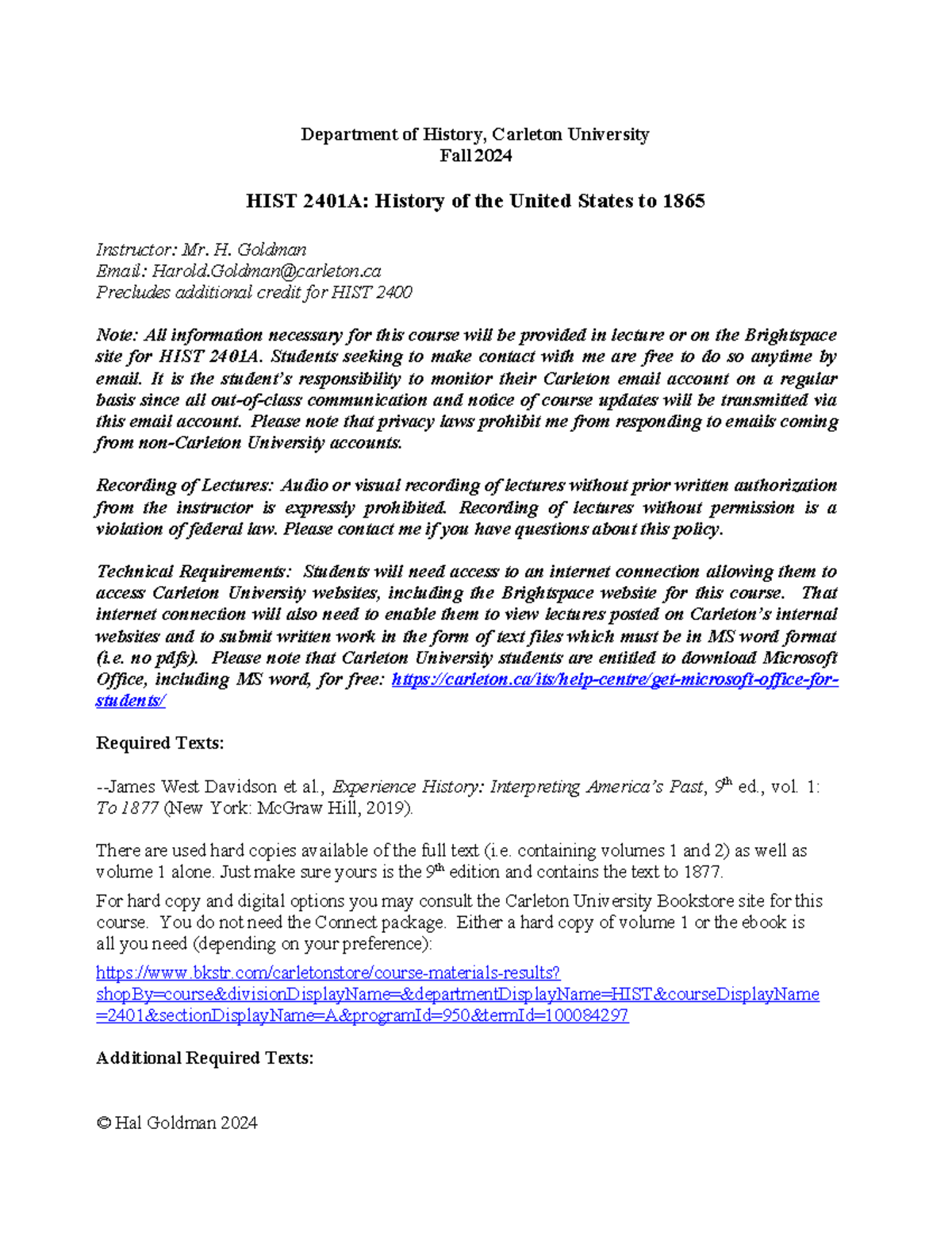 HIST 2401A Hal Goldman F2024 Course Outline - Department of History ...