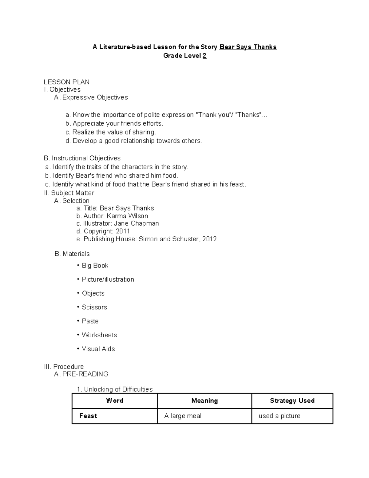 NOUN Lesson Plan Grade 2 - A Literature-based Lesson for the Story Bear ...