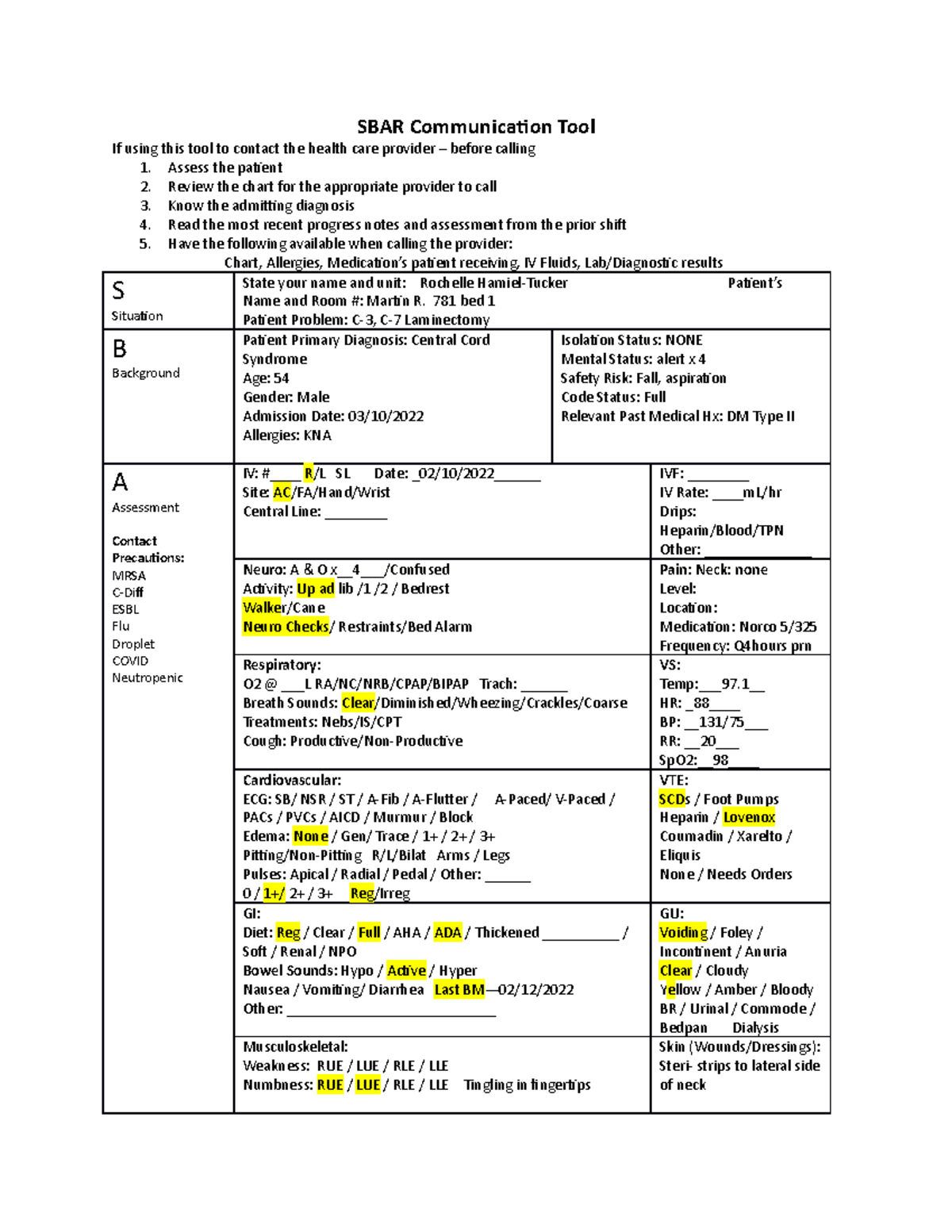 SBAR - paper - SBAR Communication Tool If using this tool to contact ...