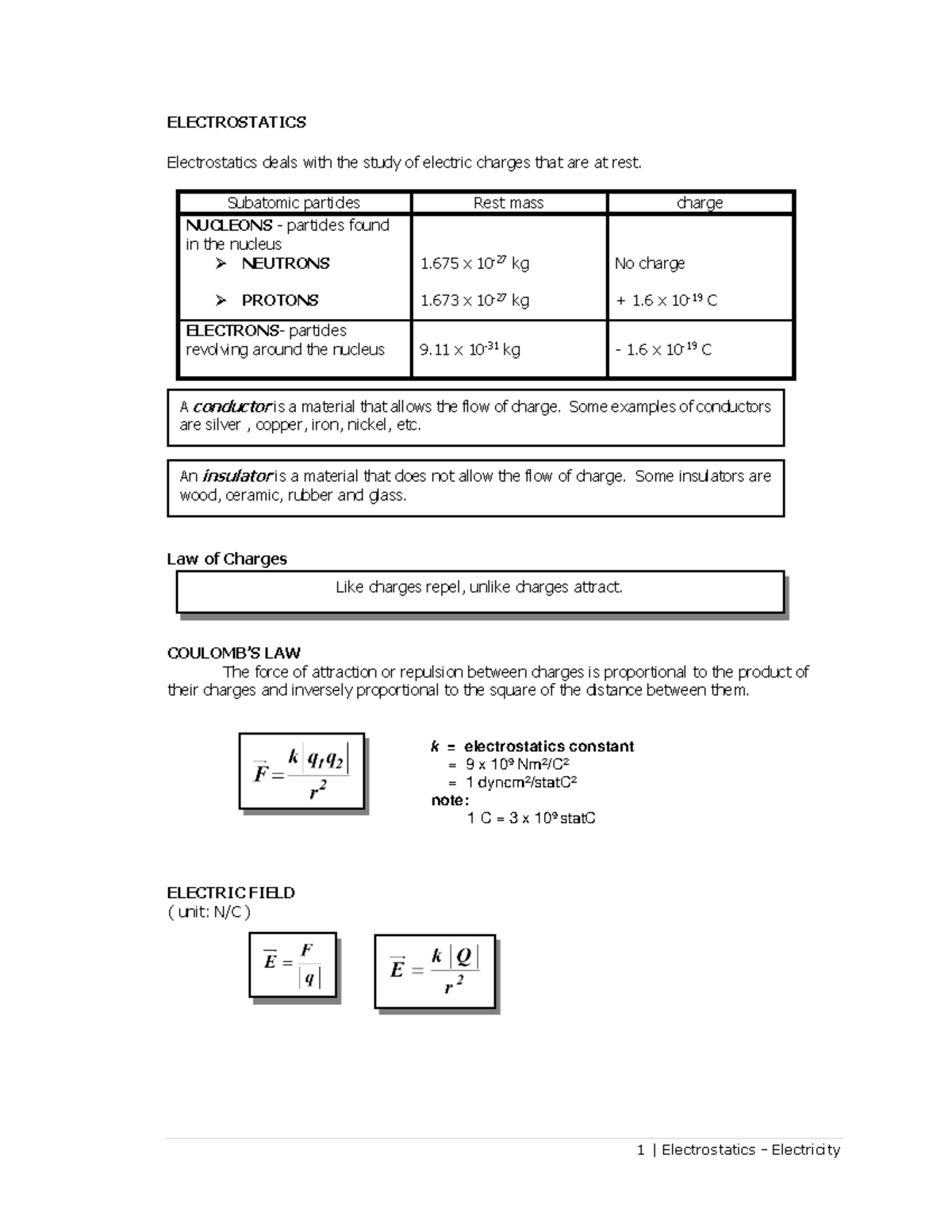 Electrostatics and Electricity Lecture Outline - ELECTROSTATICS ...