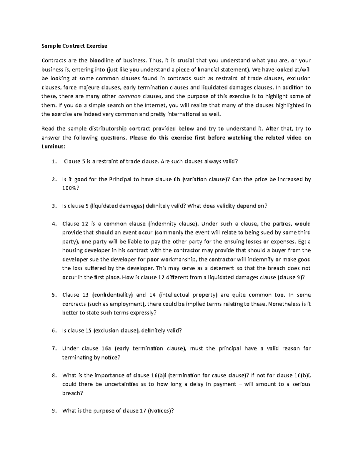 Sample Contract Exercise - Sample Contract Exercise Contracts are the ...