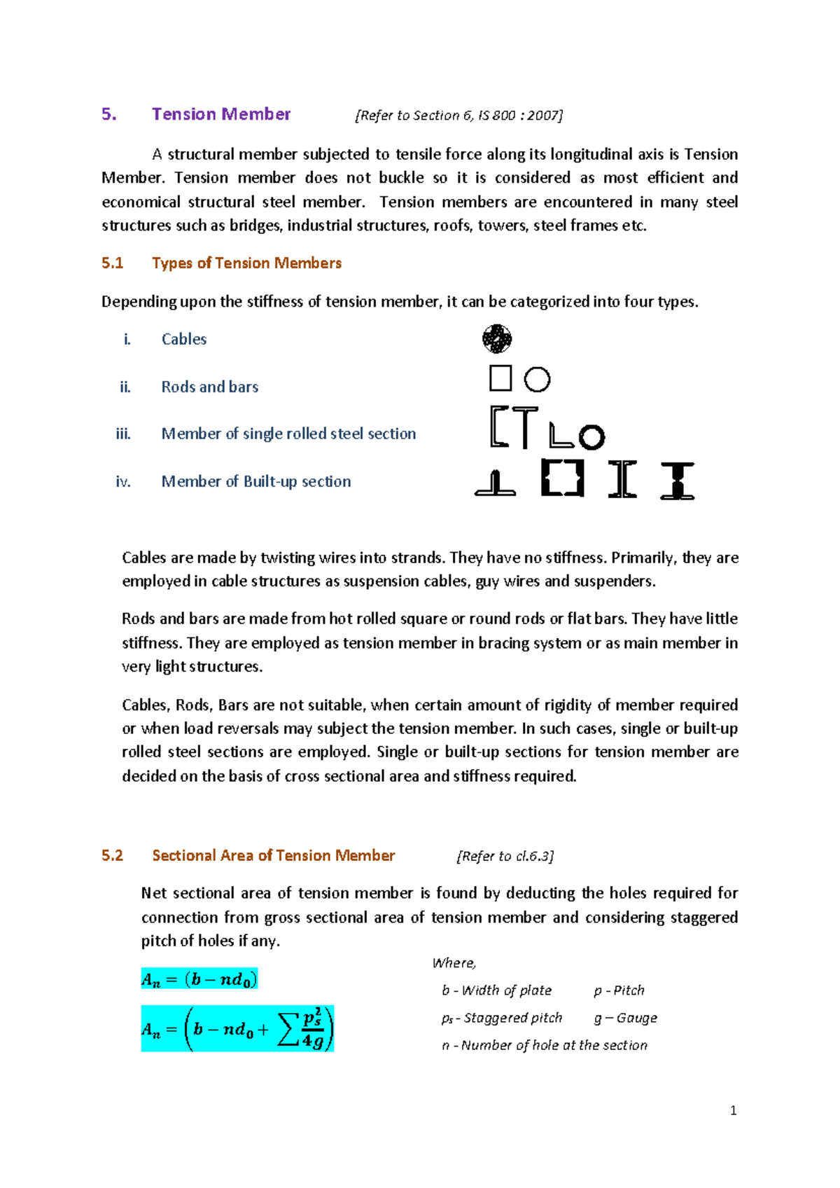 Tension Member - NOtes - 5. Tension Member [Refer to Section 6, IS 800 ...
