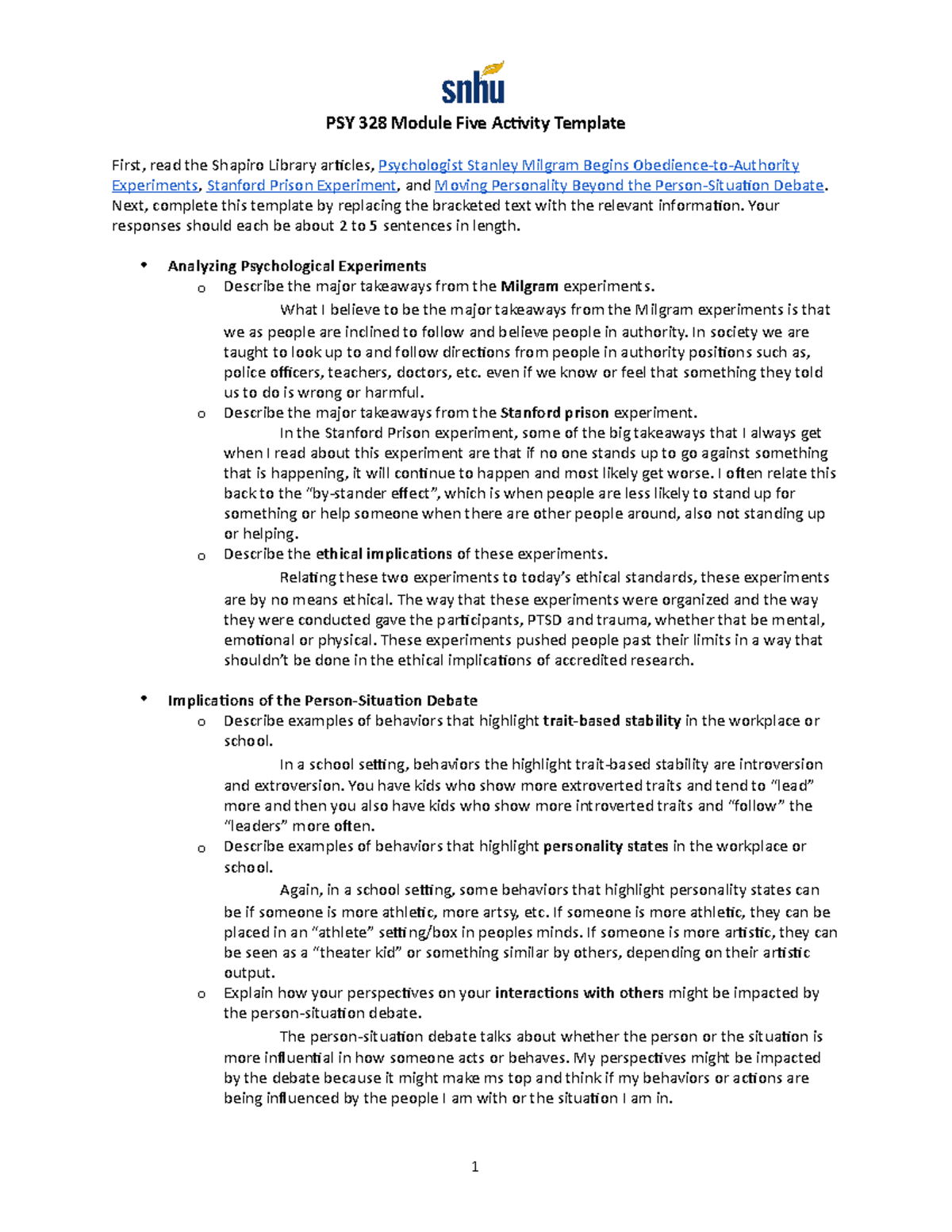 PSY 328 Module Five Activity Template - PSY 328 Module Five Ac 3 vity Template First, read the ...