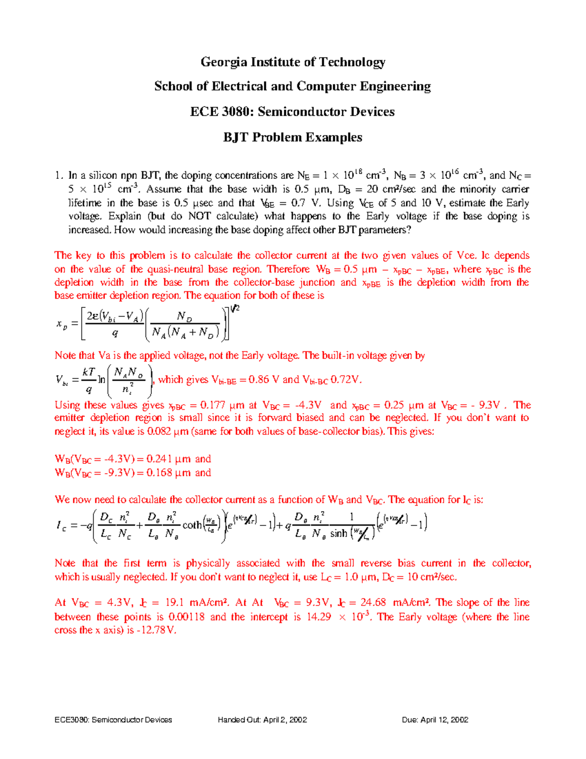 Sample BJTproblems - Exam Practice - ECE3080: Semiconductor Devices ...