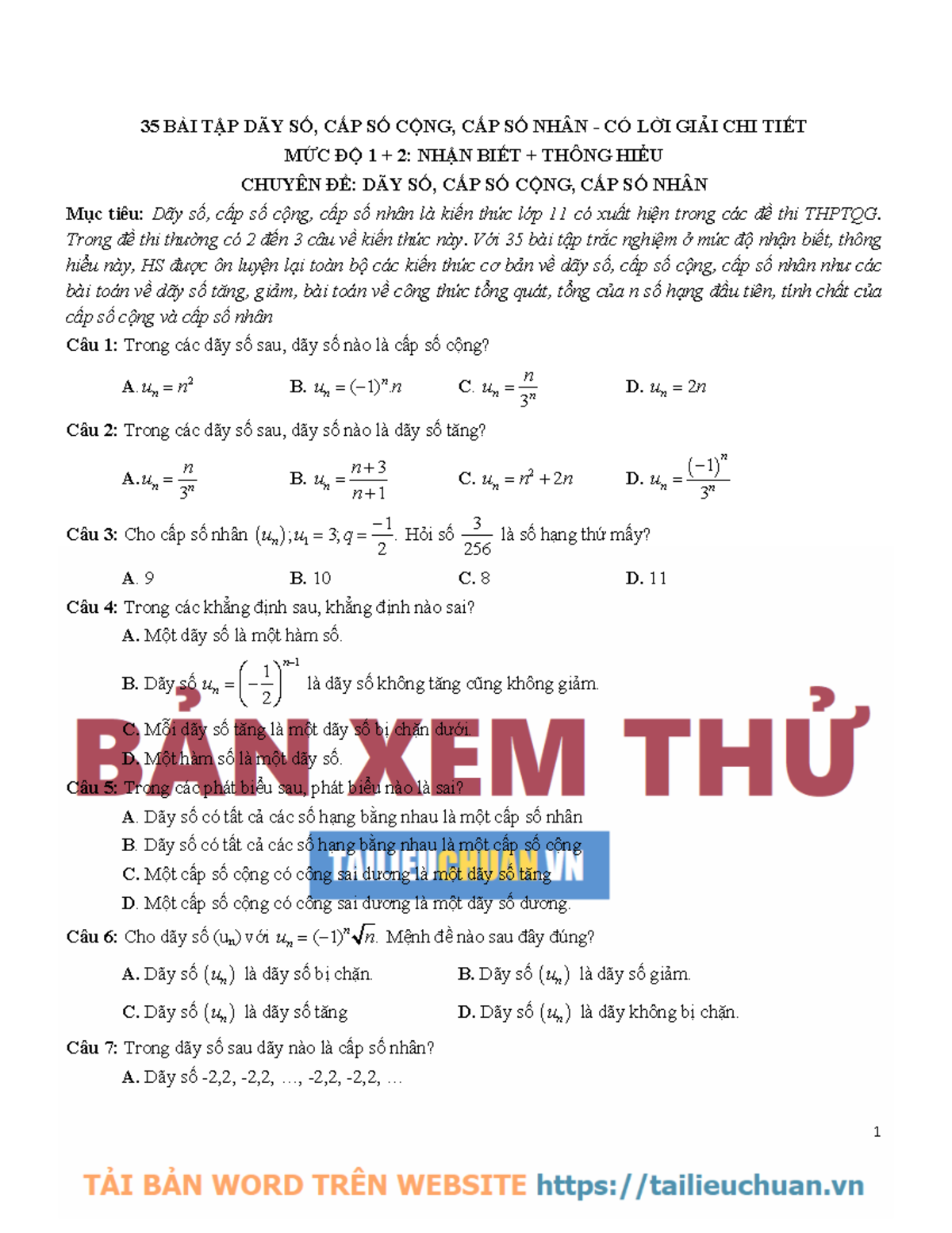35 Bài tập DÃY SỐ, CSC, CSN Mức độ 1 + 2 Nhận biết + Thông hiểu (Có lời ...