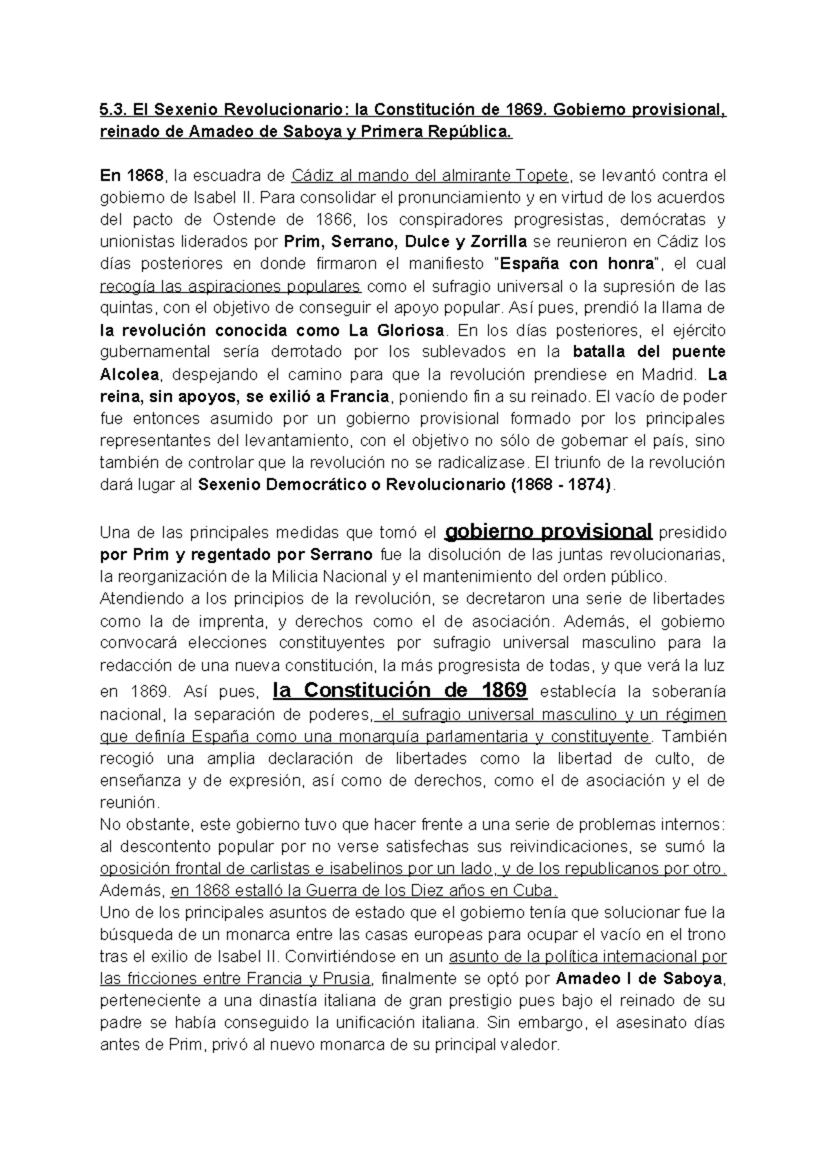 5.3. El Sexenio Revolucionario la Constitución de 1869. Gobierno provisional, reinado de Amadeo ...