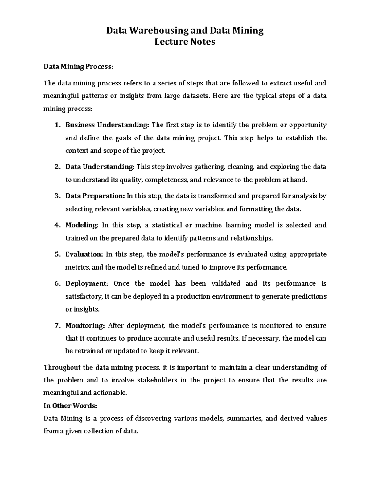 Data Warehousing and Data Mining ( Data Mining Process) - Data ...