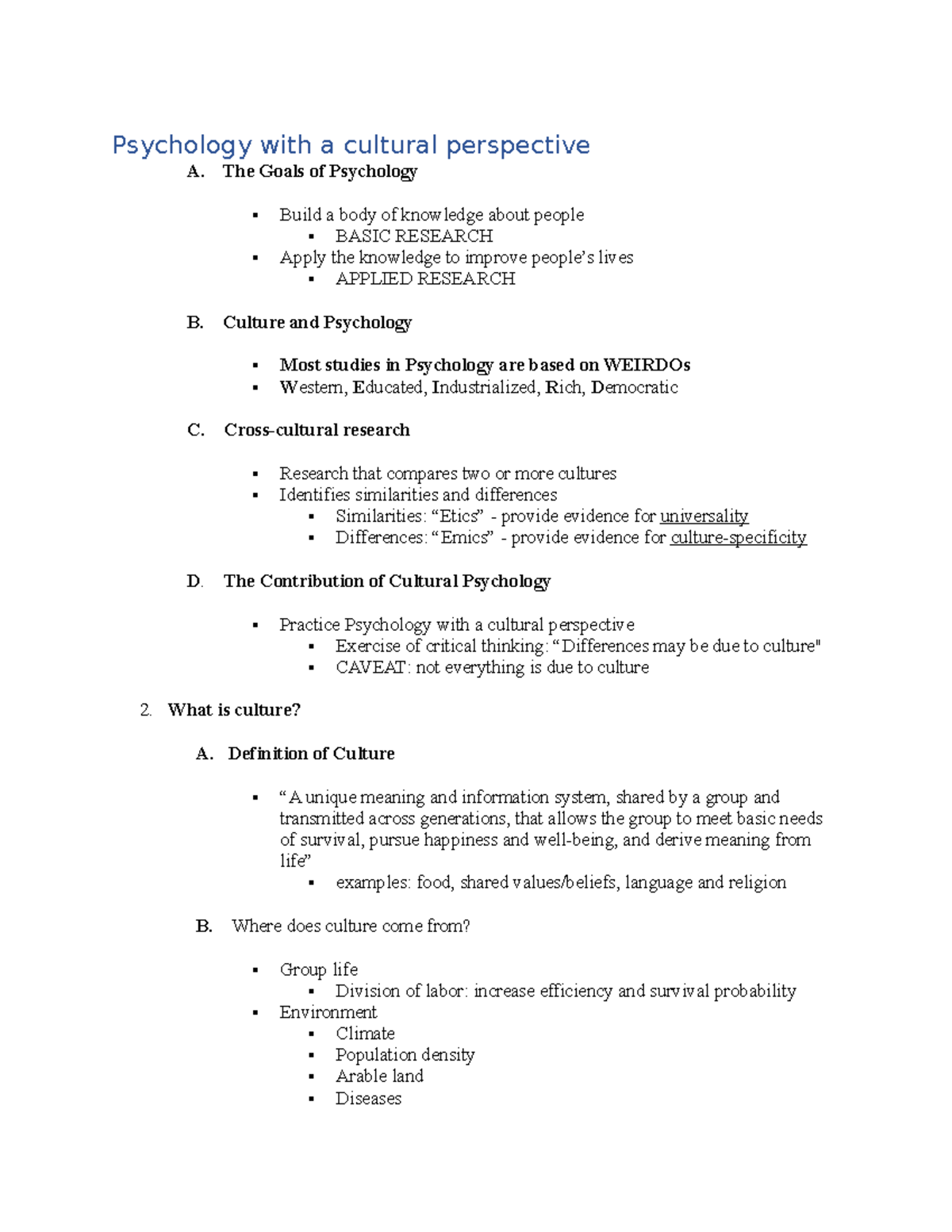 Mc ch.1 notes - Psychology with a cultural perspective A. The Goals of ...