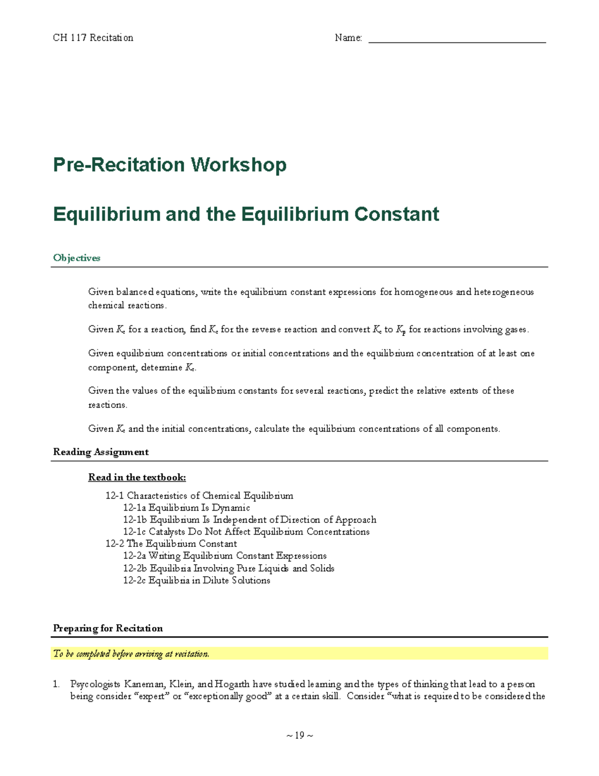 03 PRE Equilibrium and the Equilibrium Constant - CH 117 Recitation ...