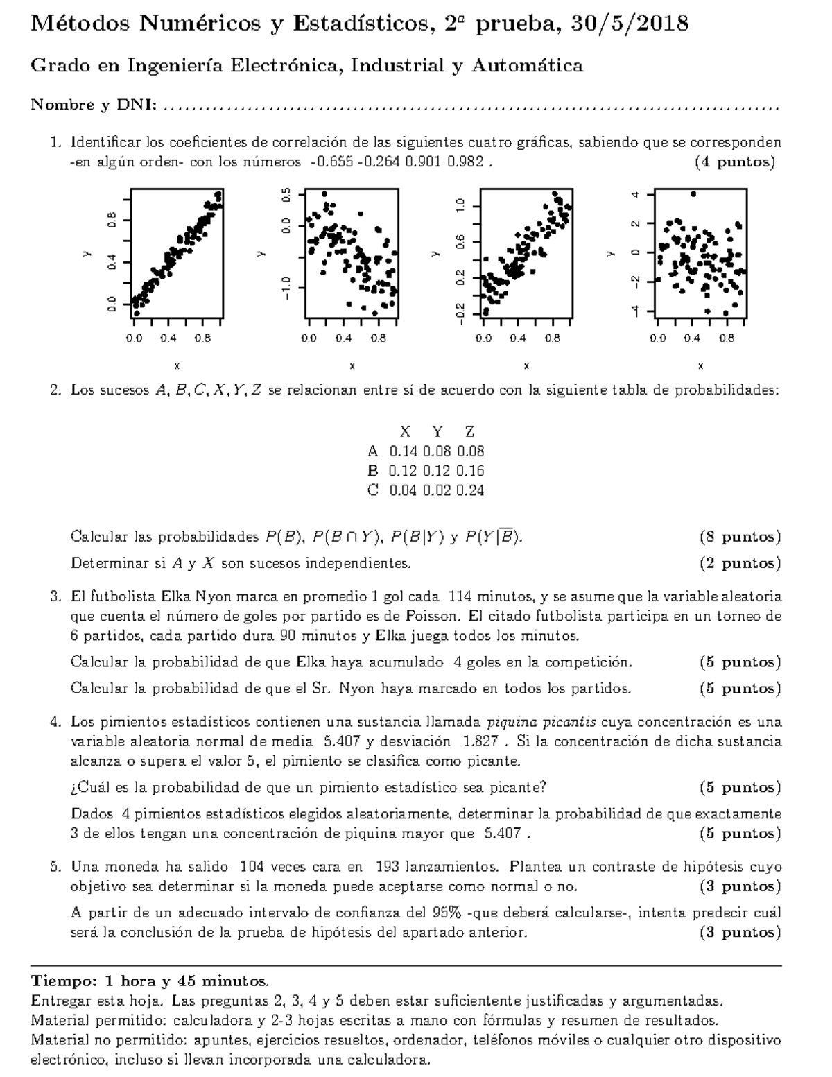 Examen 2018, preguntas y respuestas - M´ etodos Num´ ericos y Estad´ısticos, 2a prueba, 30/5 ...