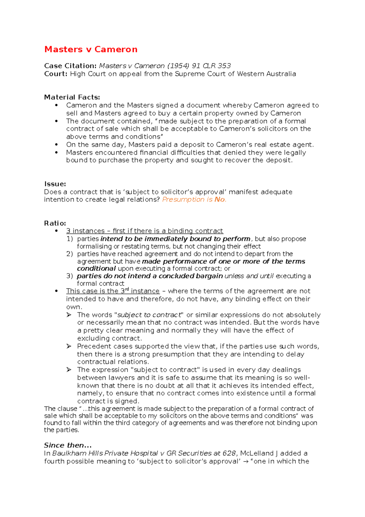 Masters v Cameron Case Summary - Masters v Cameron Case Citation ...