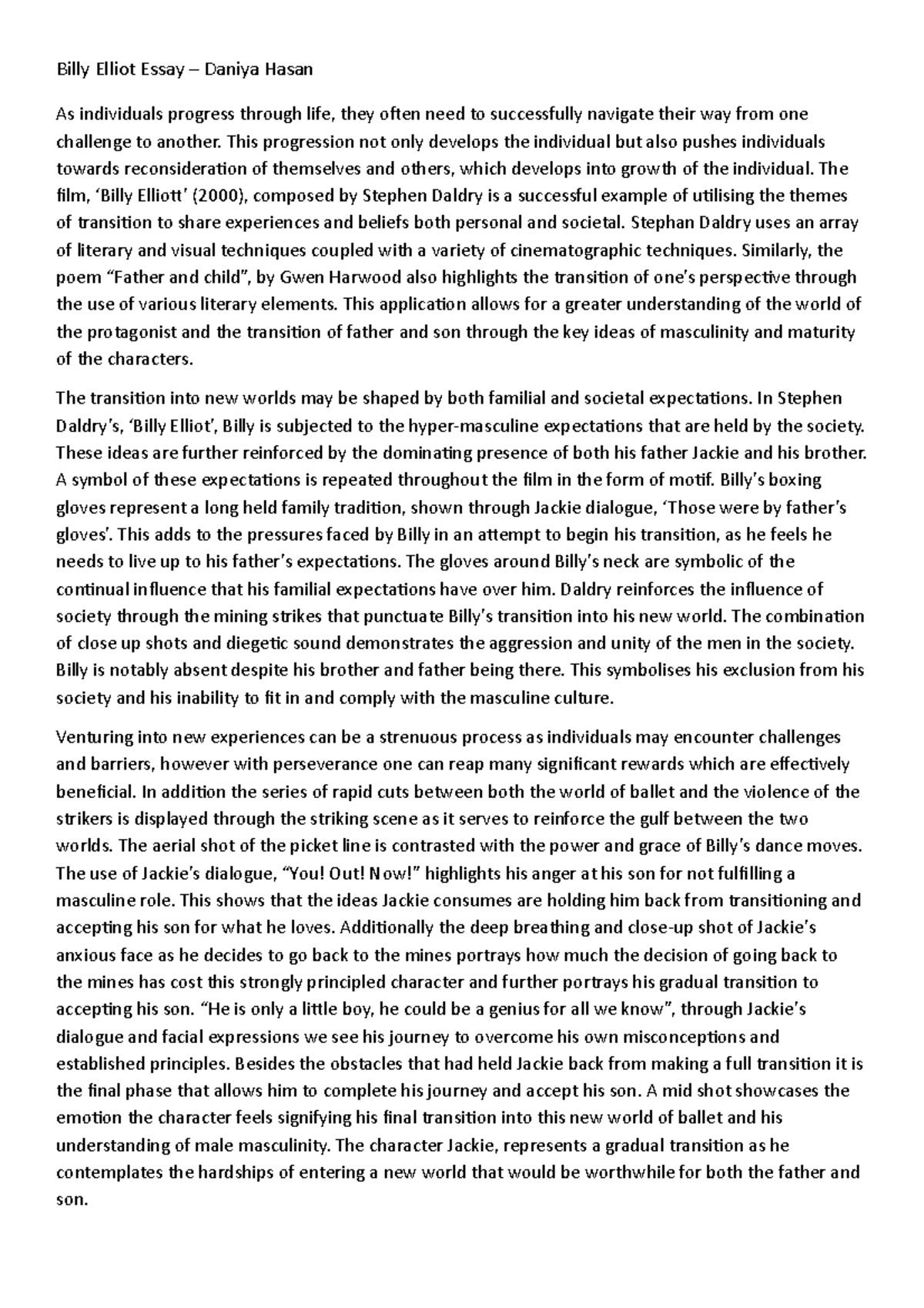 Billy Elliot Essay - This progression not only develops the individual ...