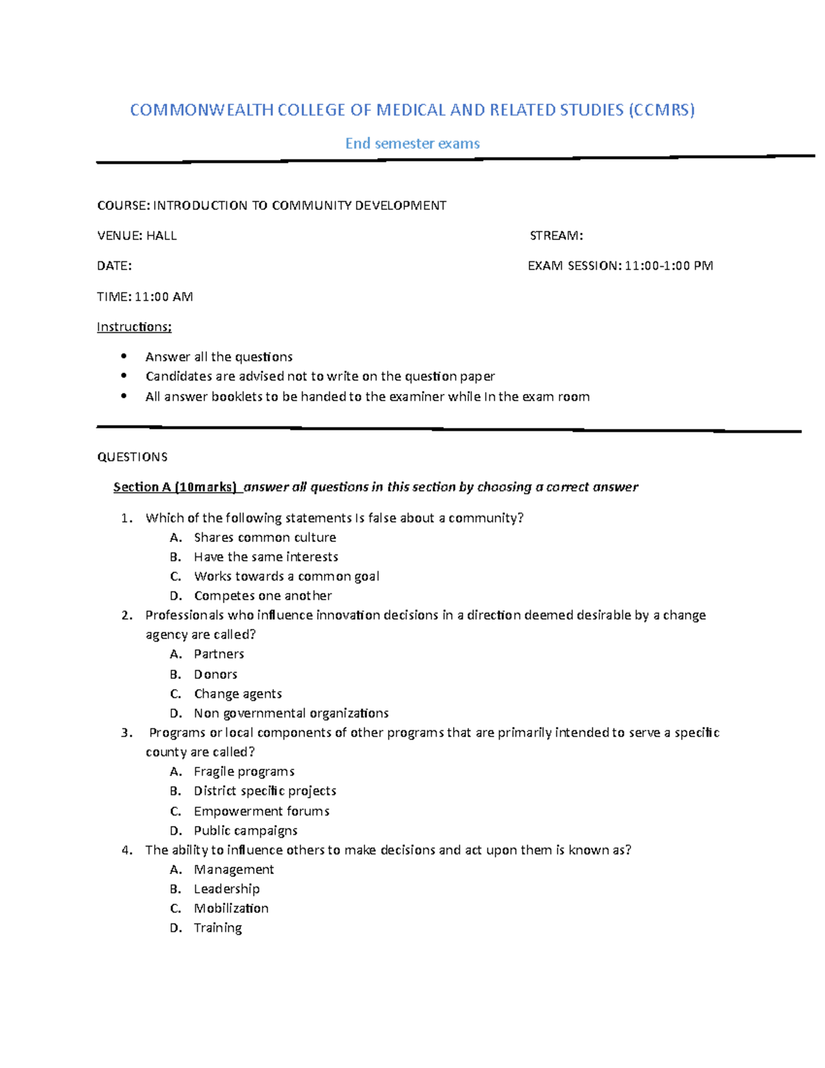 Community Leadership C.A.T by Mr Vincent - social psychology - Studocu