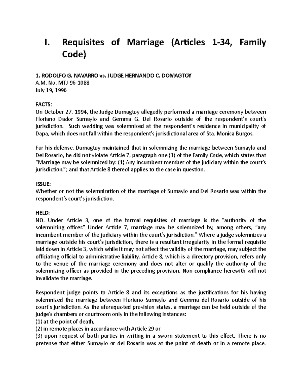PFR MOD 2 - persons - I. Requisites of Marriage (Articles 1-34, Family ...