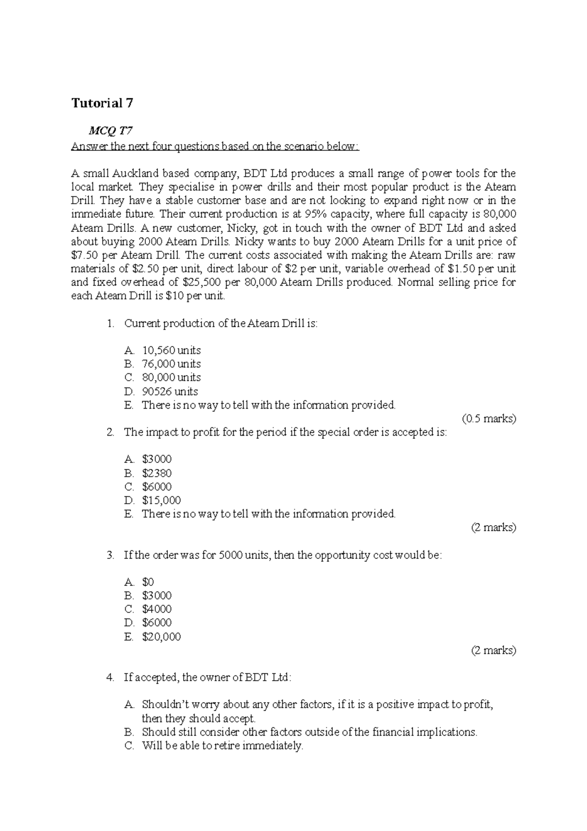 Tutorial Questions Cost accoutning Tut 7 - Tutorial 7 MCQ T Answer the ...