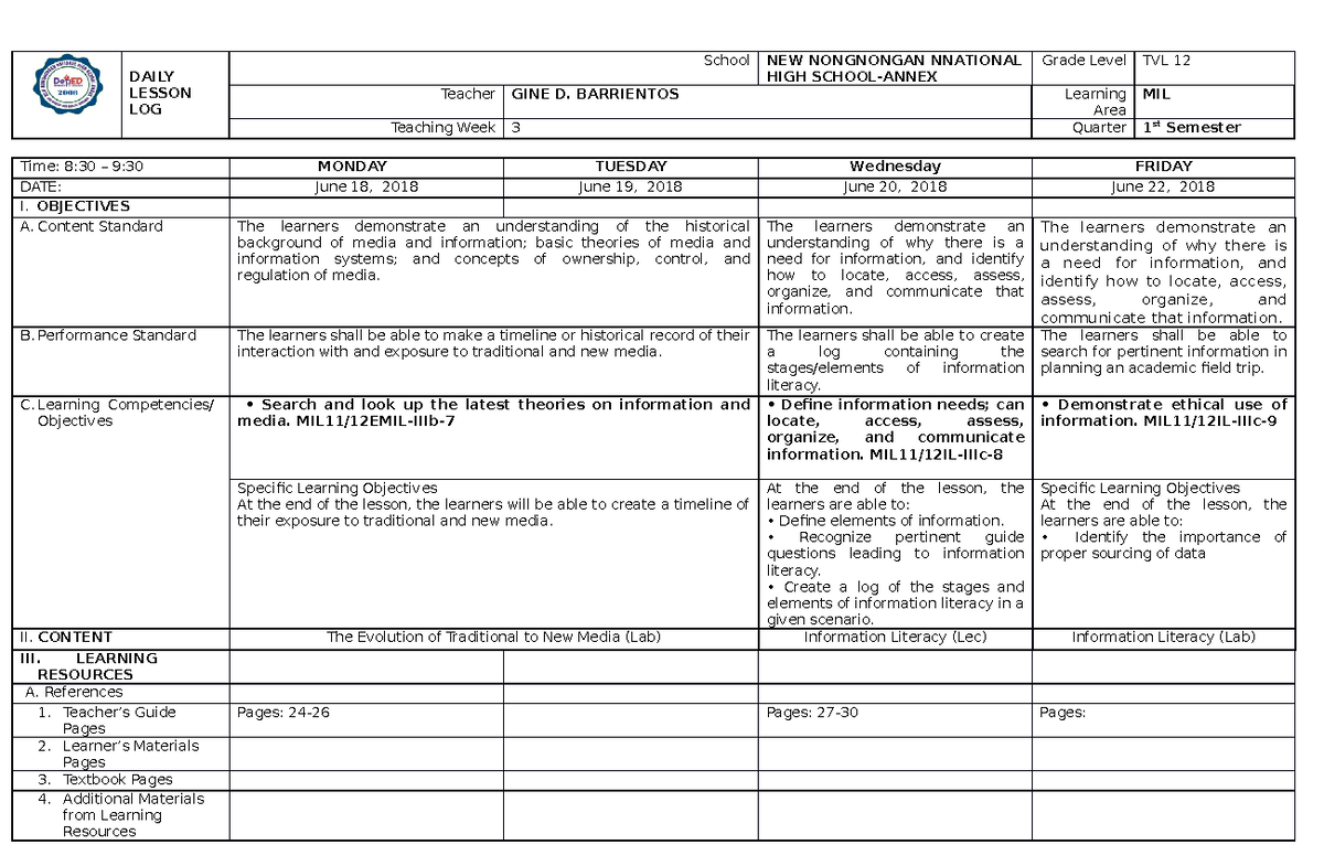 Week 3 MIL - Lesson Plan in Media and Information Literacy First ...