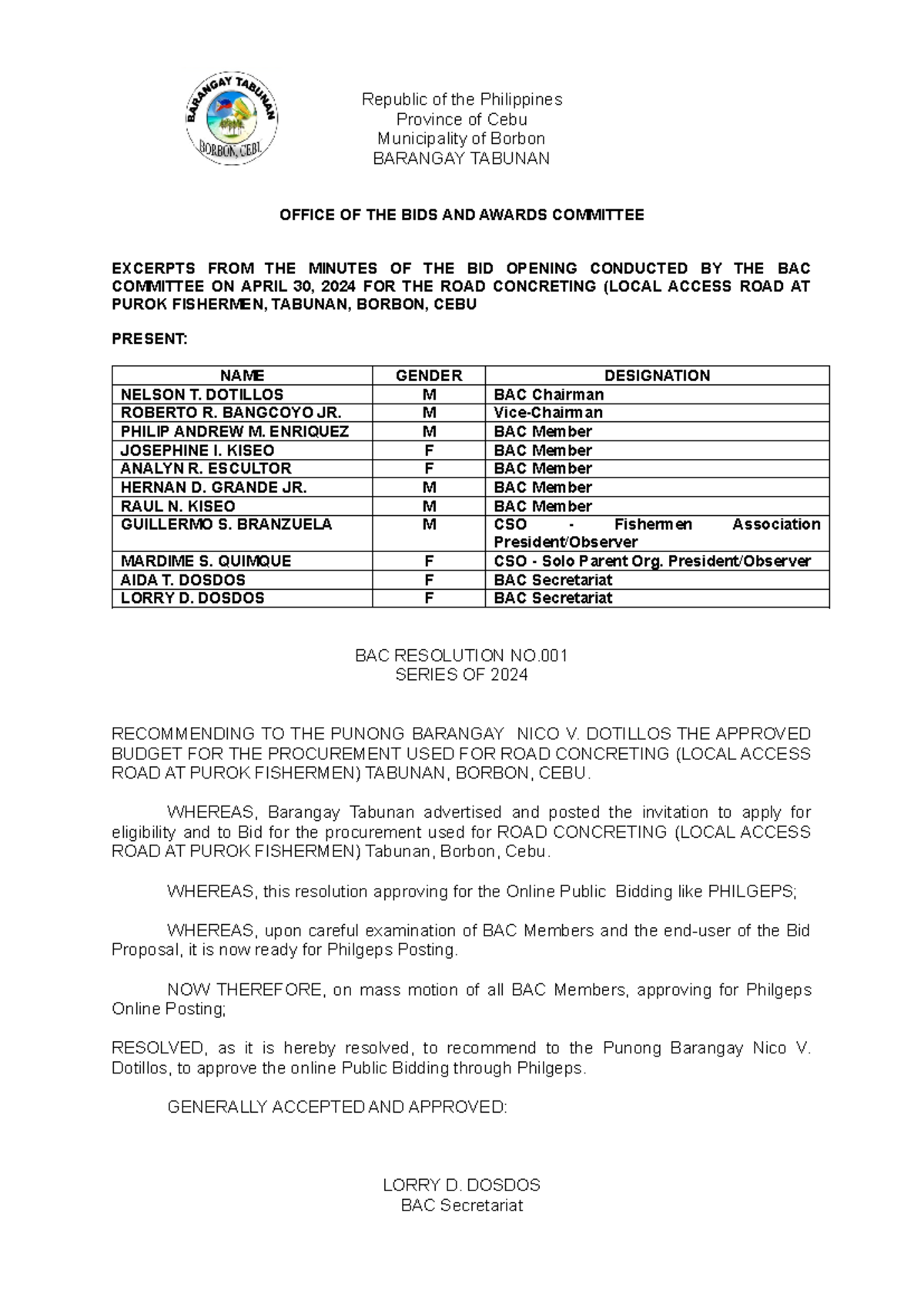 BAC Resolution - example - Republic of the Philippines Province of Cebu ...